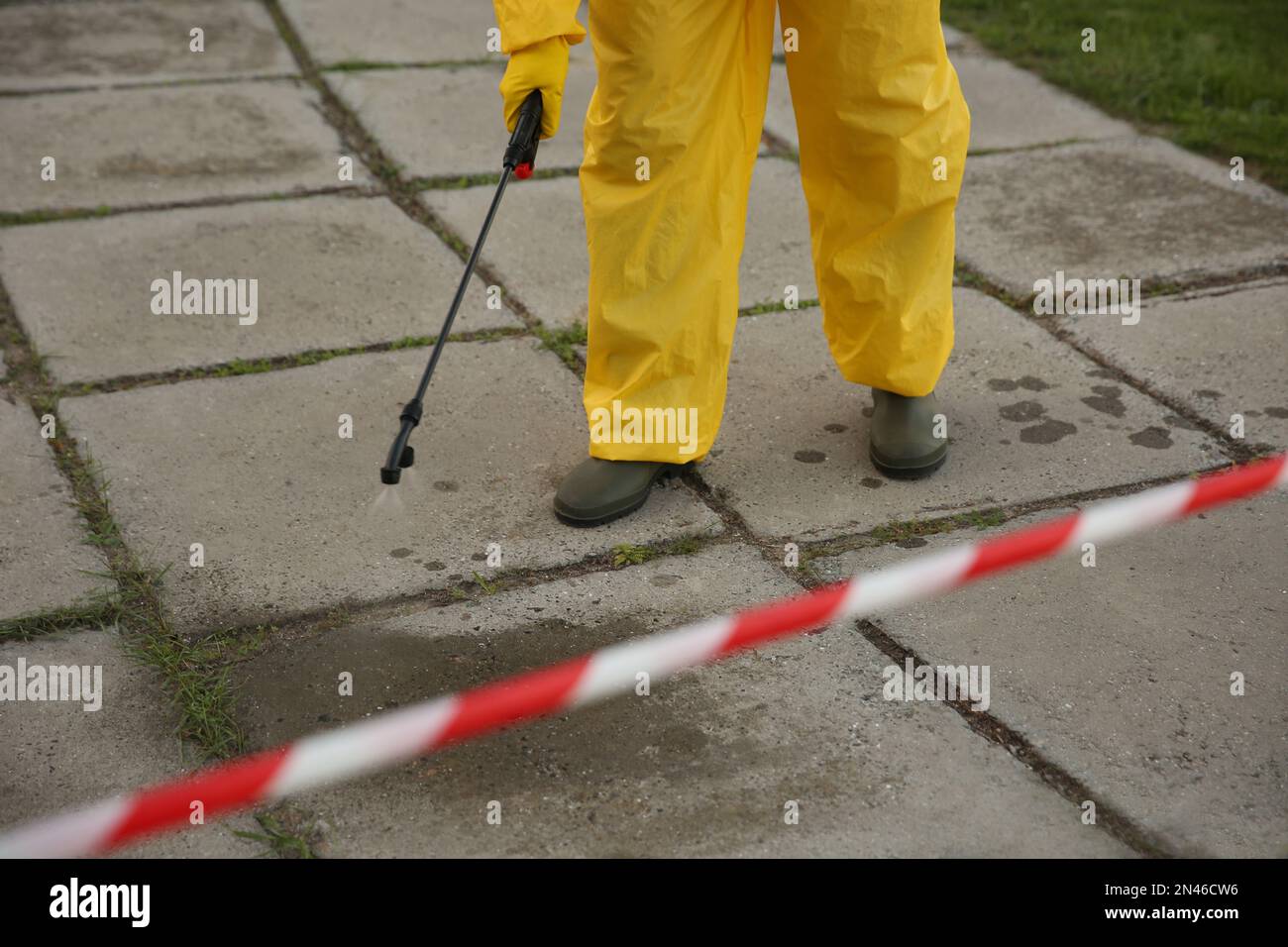 Person in hazmat suit disinfecting street pavement with sprayer ...