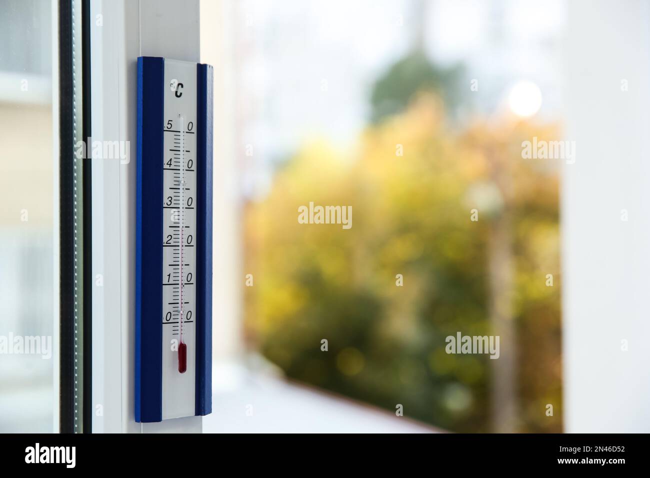Weather thermometer on window frame indoors. Space for text Stock Photo ...