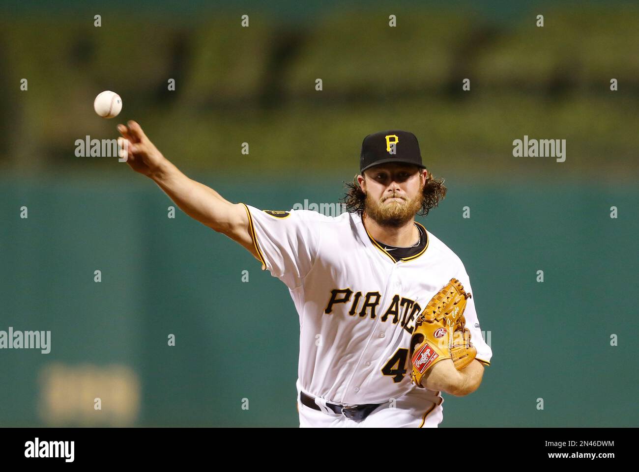 Pittsburgh Pirates starting pitcher Gerrit Cole throws his warmup ...