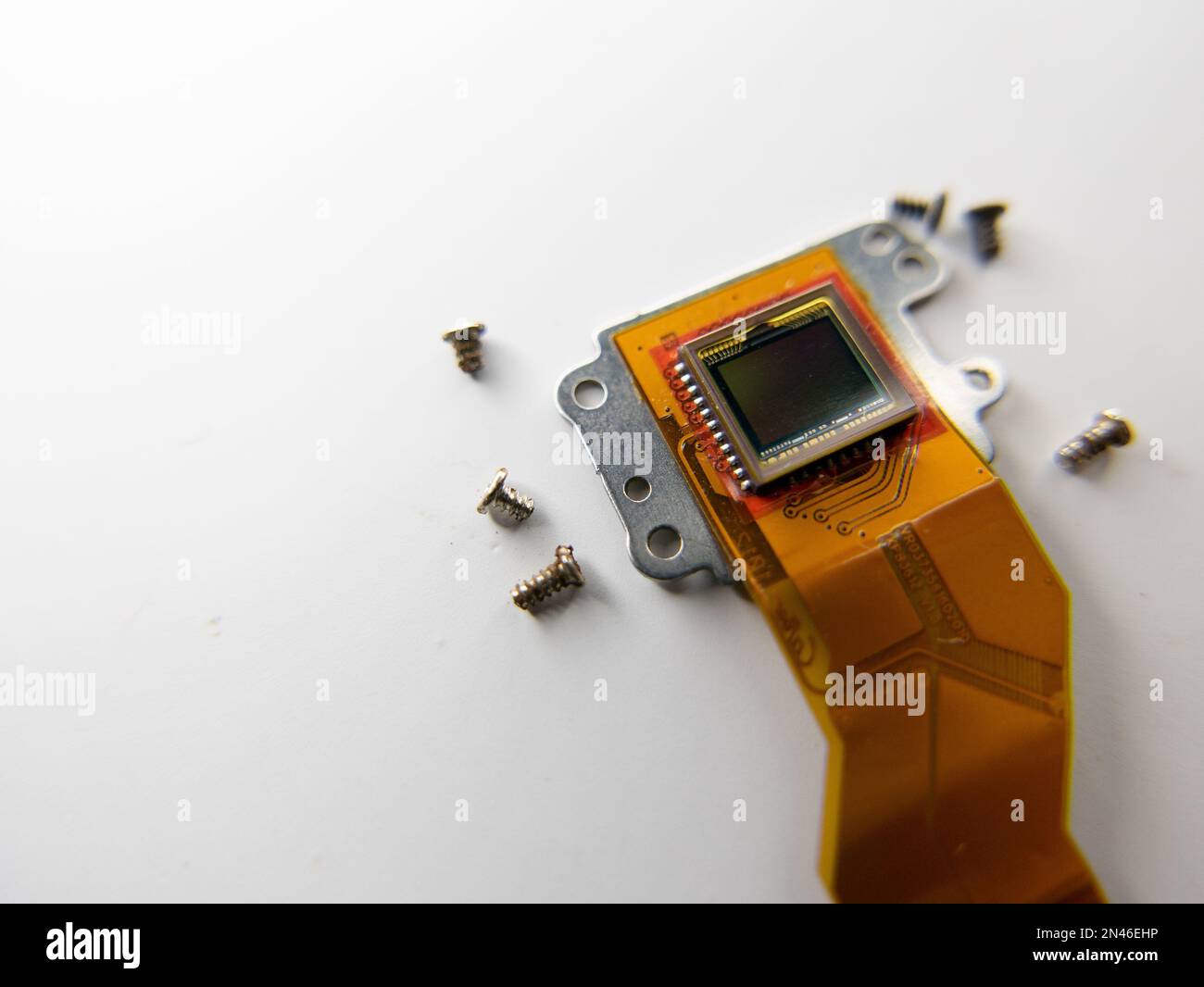 A top view of a digital camera sensor and screws around on a white ...