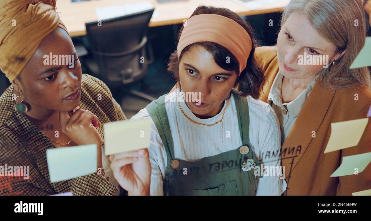 Women, business plan and team writing notes on glass window for target ...