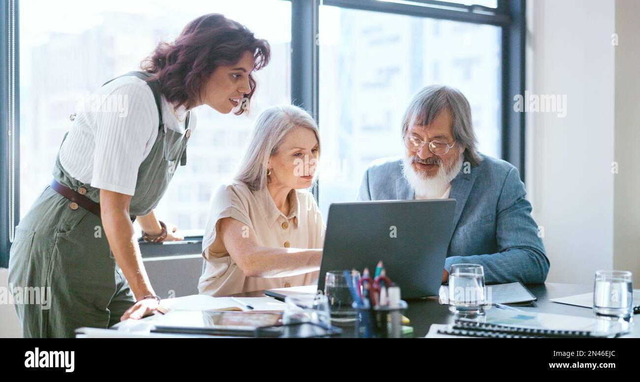 Business team, diversity and laptop planning, meeting and innovation of ...