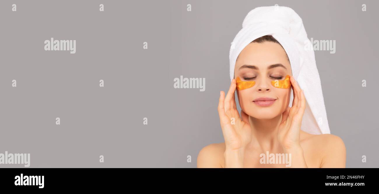 Beautiful woman isolated face portrait, banner with mock up copy space. Care for your Skin ...