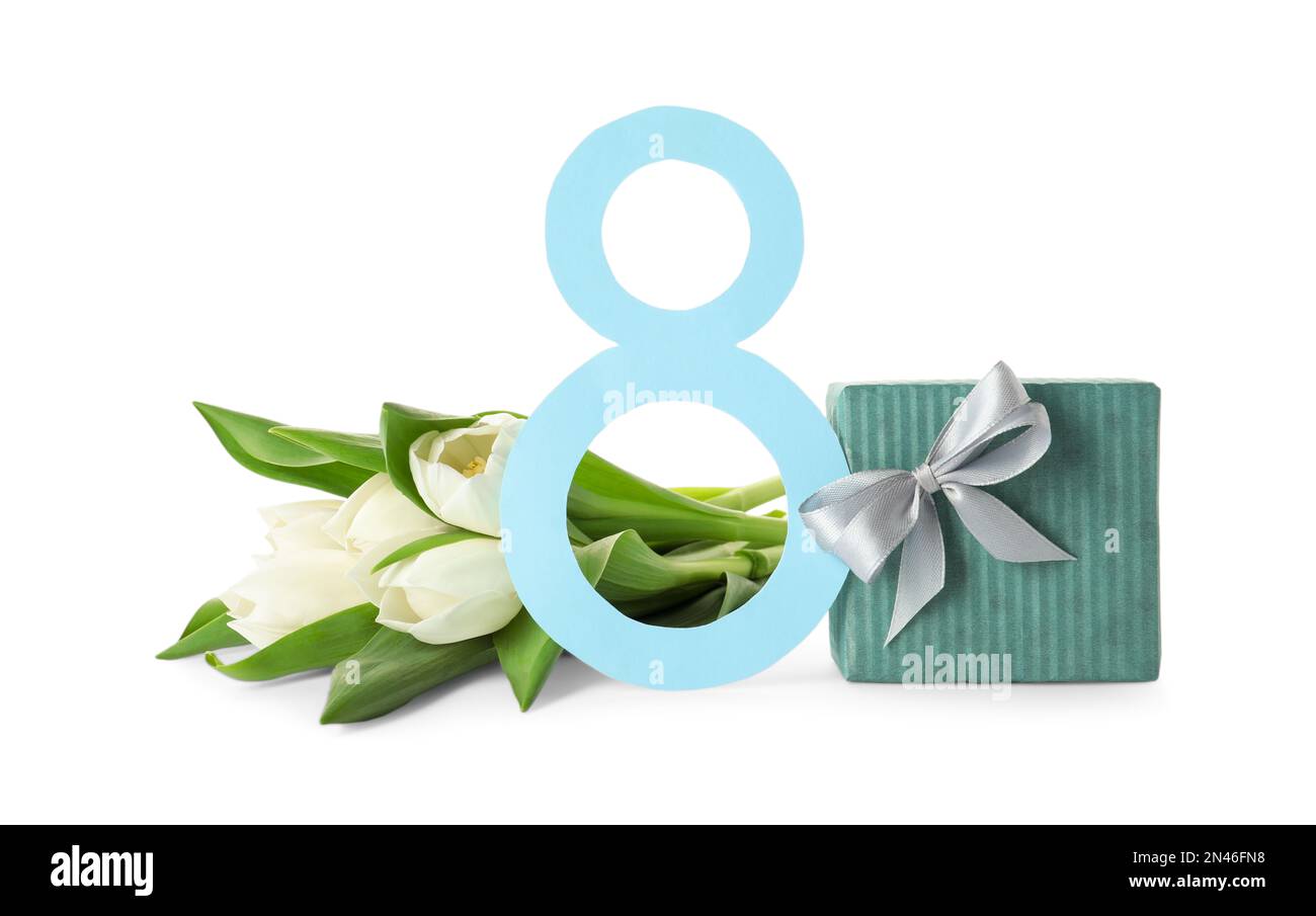 8 March card design with tulips and gift on white background ...