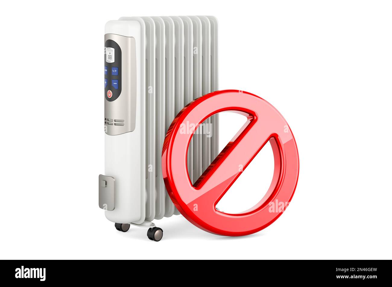 Electric oil heater with forbidden symbol, 3D rendering isolated on ...