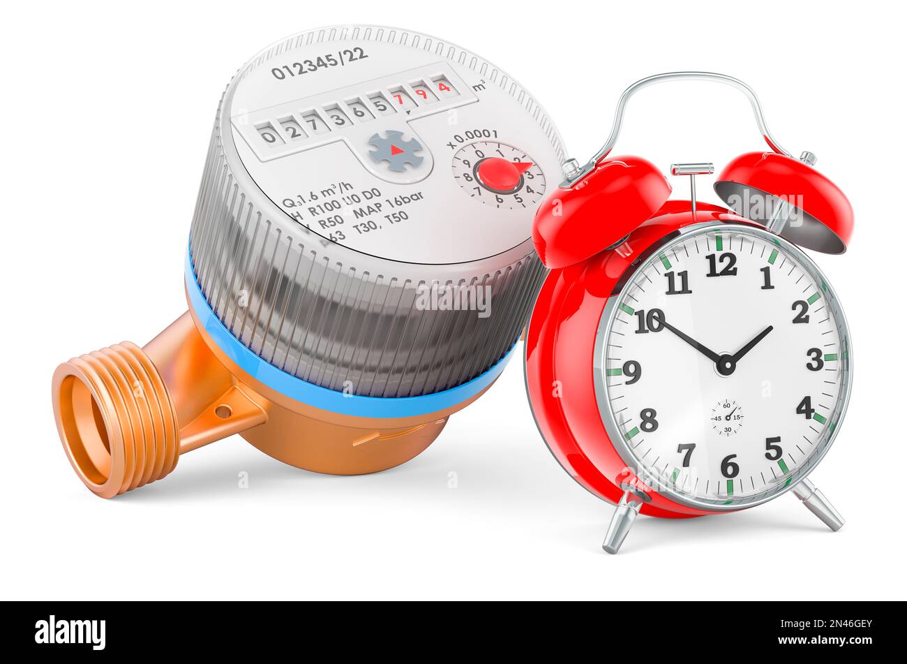 Cold and hot water meters with alarm clock. 3D rendering isolated on ...