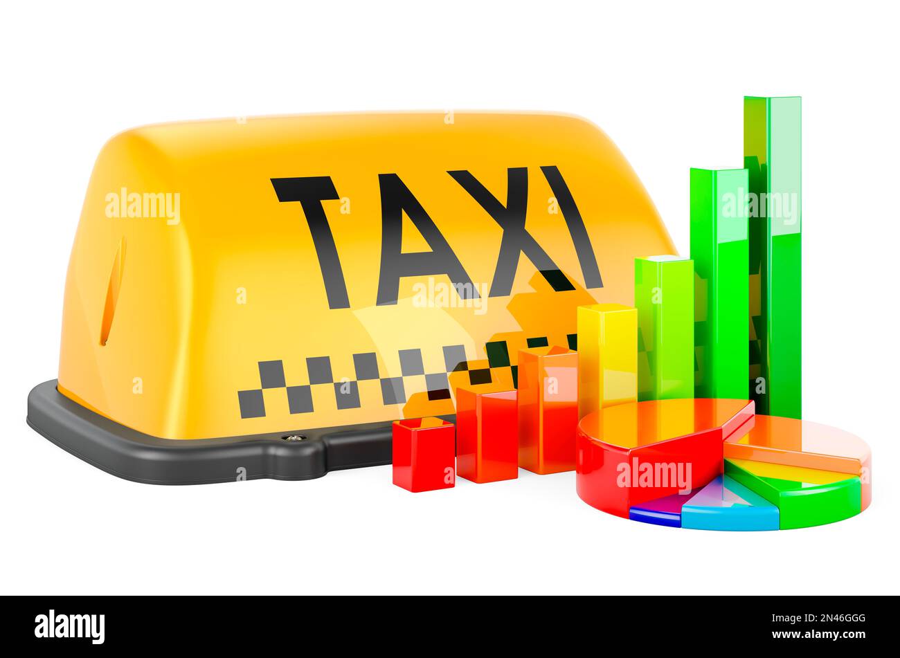 Taxi car signboard with growth bar graph and pie chart. 3D rendering ...