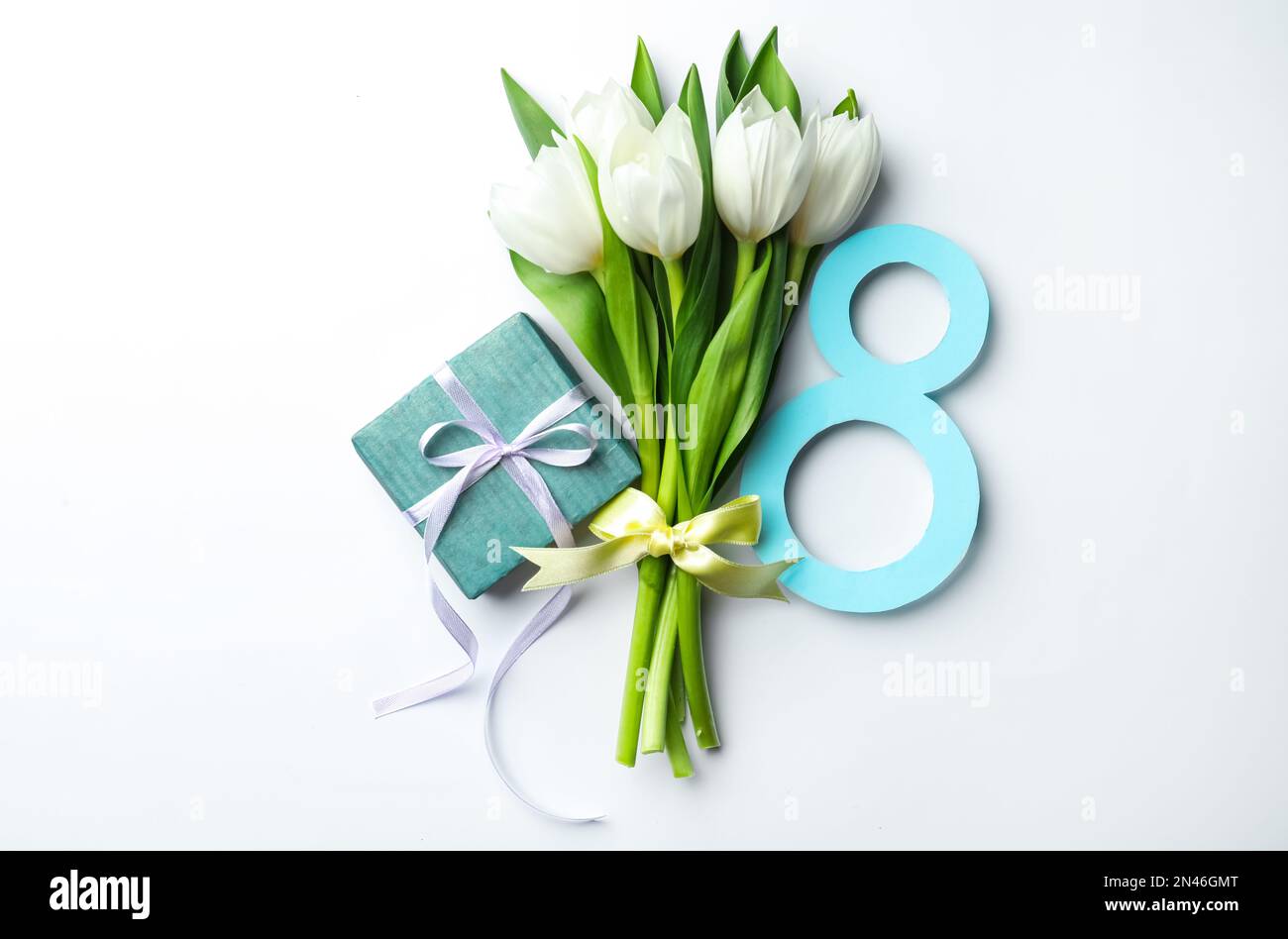 8 March greeting card design with tulips and gift on white background ...