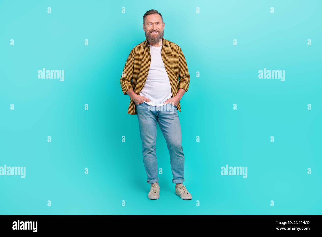 Photo of good looking elderly man wear plaid clothes stand empty space ...