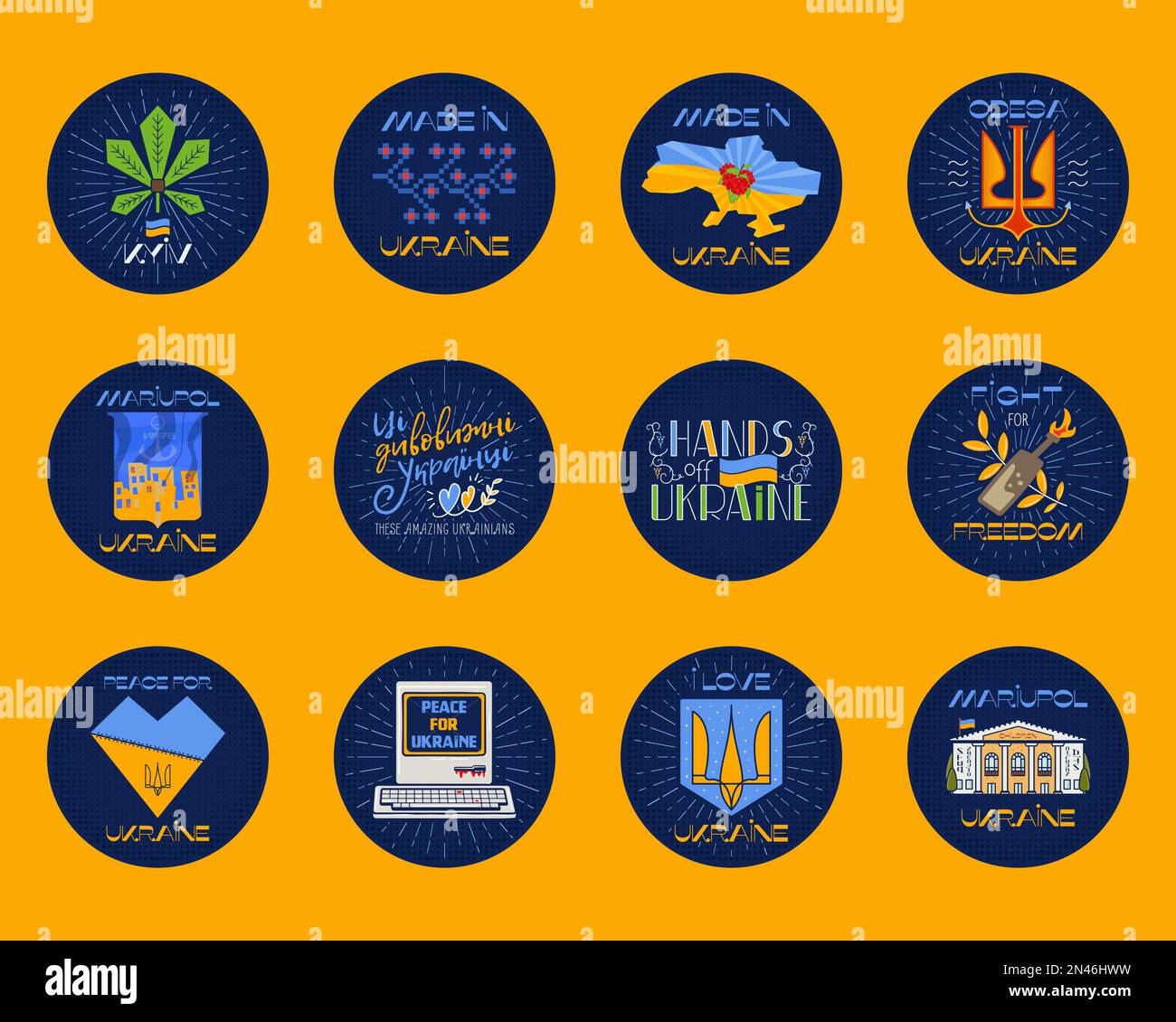 Made in Ukraine badges design with different elements and sayings ...