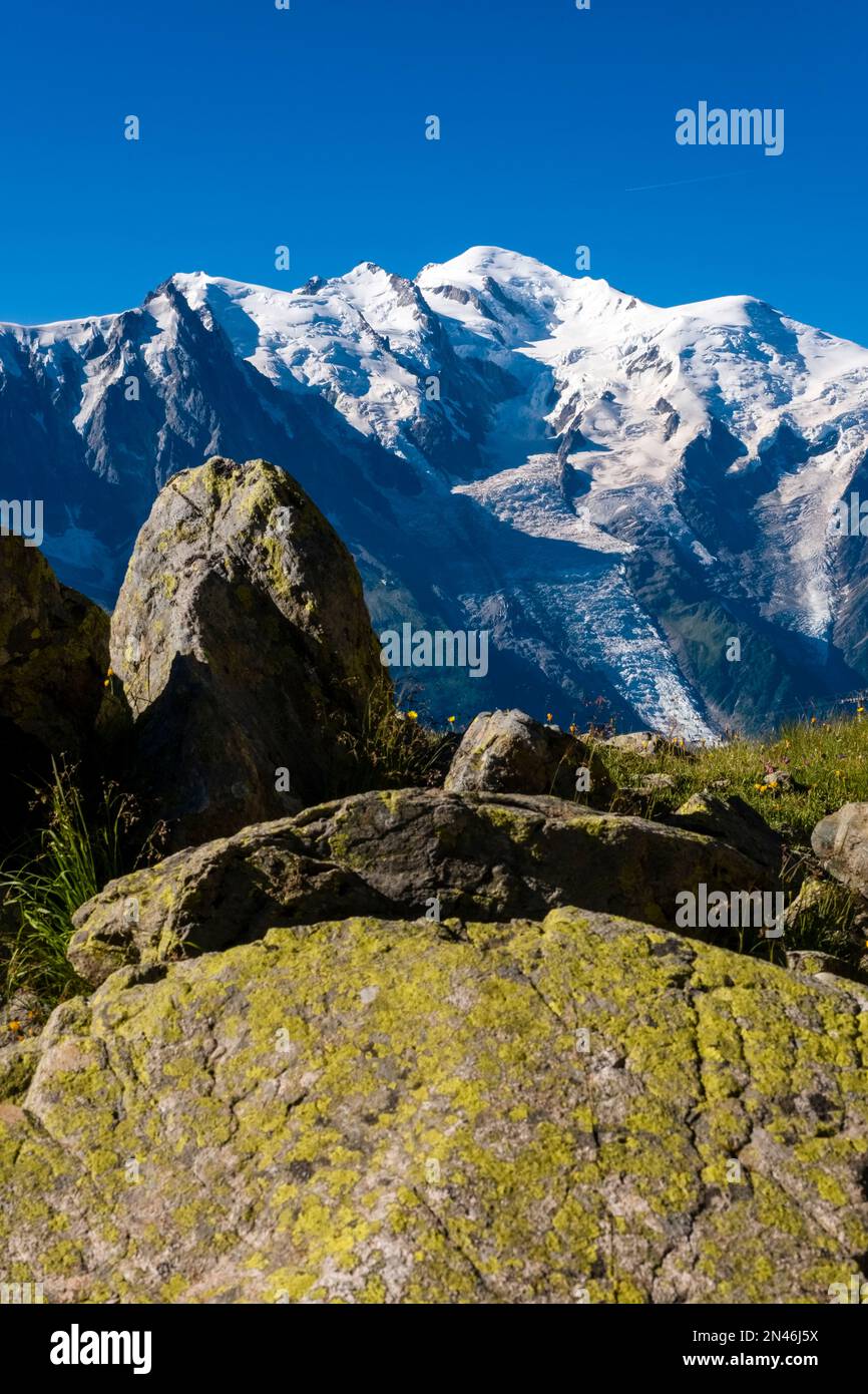 The summits of Aiguille du Midi, Mont Blanc du Tacul, Mont Maudit, Mont Blanc and Dome du ...