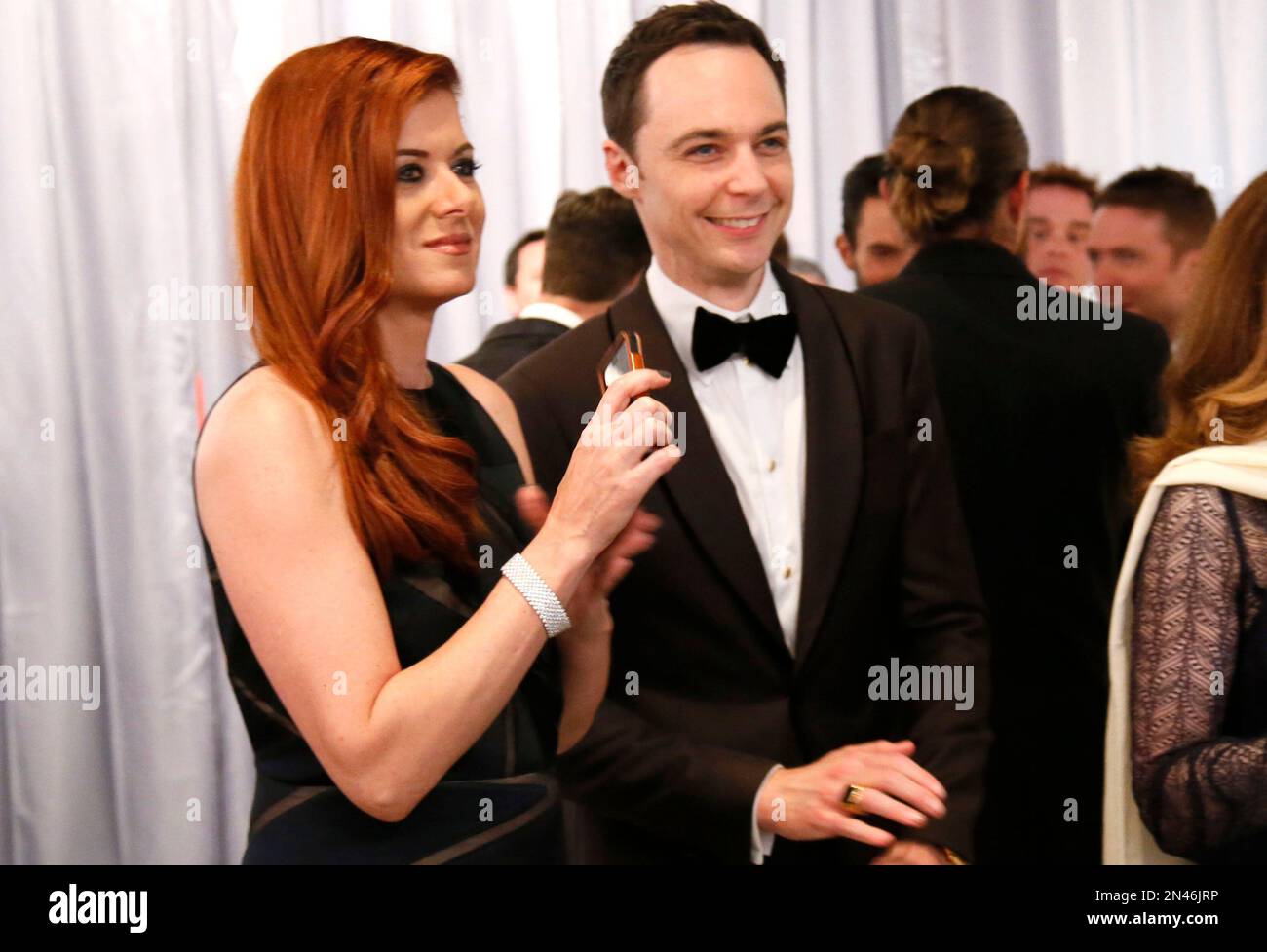 EXCLUSIVE - Debra Messing, left, and Jim Parsons pose in the green room ...