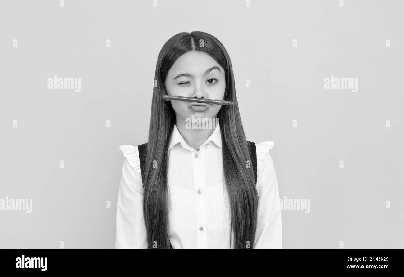 Knowledge day. Winking girl hold pen as mustache. School education ...