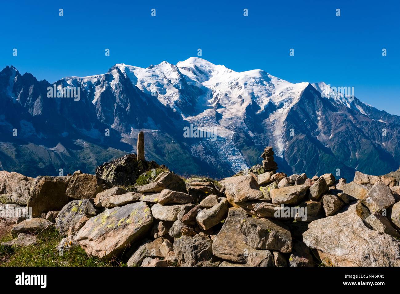 The summits of Aiguille du Midi, Mont Blanc du Tacul, Mont Maudit, Mont Blanc and Dome du ...