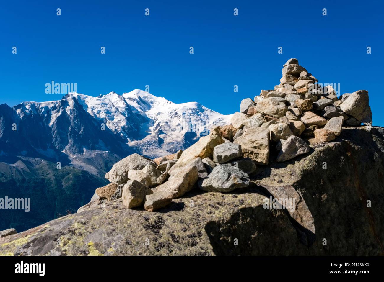 The summits of Aiguille du Midi, Mont Blanc du Tacul, Mont Maudit, Mont Blanc and Dome du ...