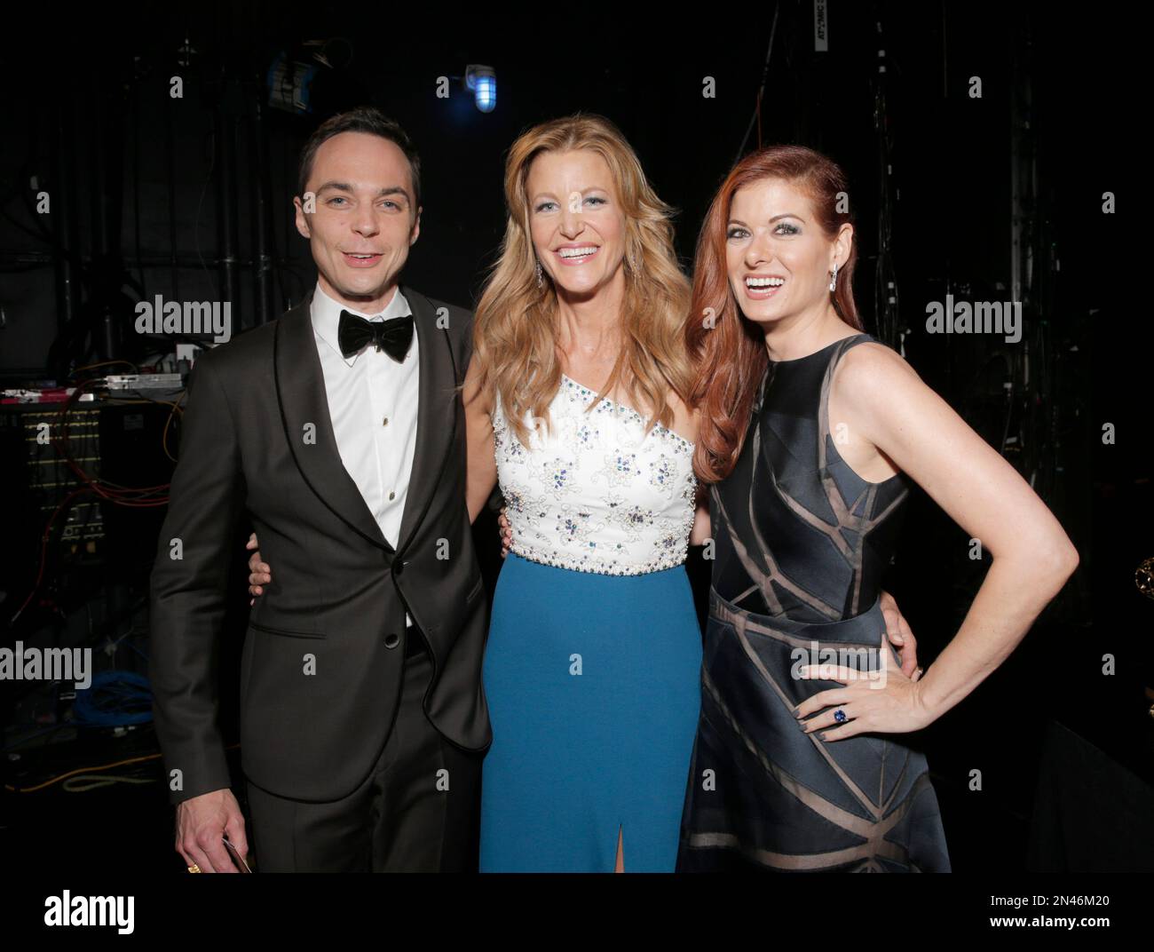 Jim Parsons, and from left, Anna Gunn and Debra Messing backstage at ...
