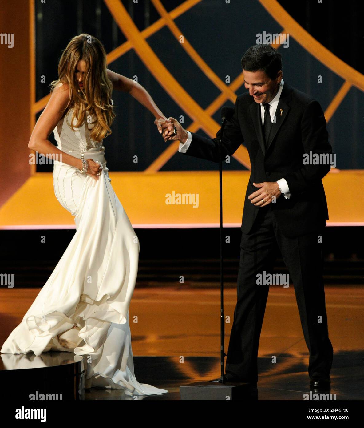 Sofia Vergara, left, and Television Academy CEO Bruce Rosenblum speak ...