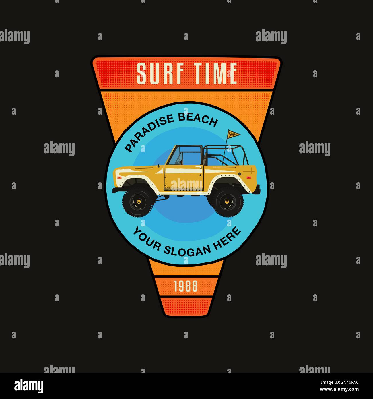 Surf time badge design with surf car and pennant. Summer Travel logo ...
