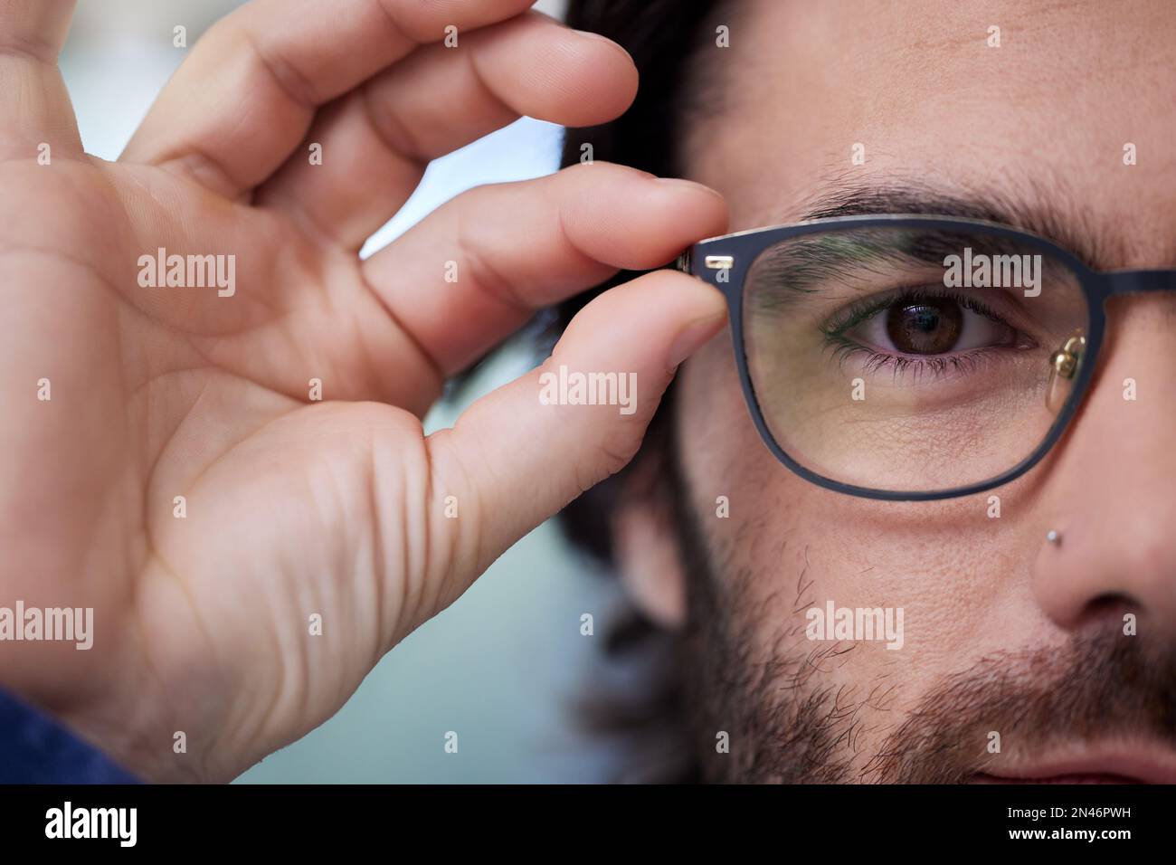 Glasses, optometry and eye of man fitting prescription eyewear ...