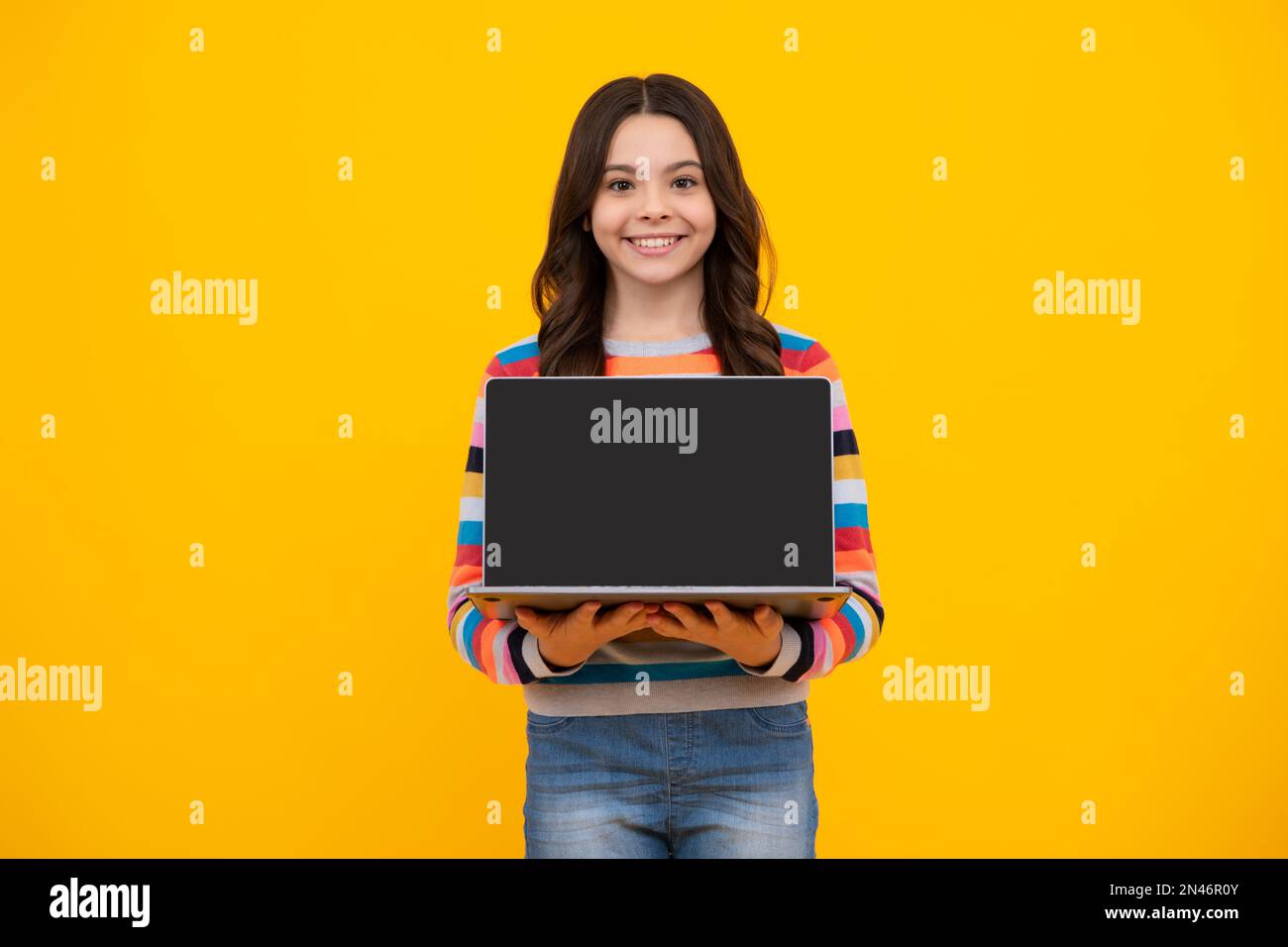 School student using laptop. E-learning and online education. Teen girl ...