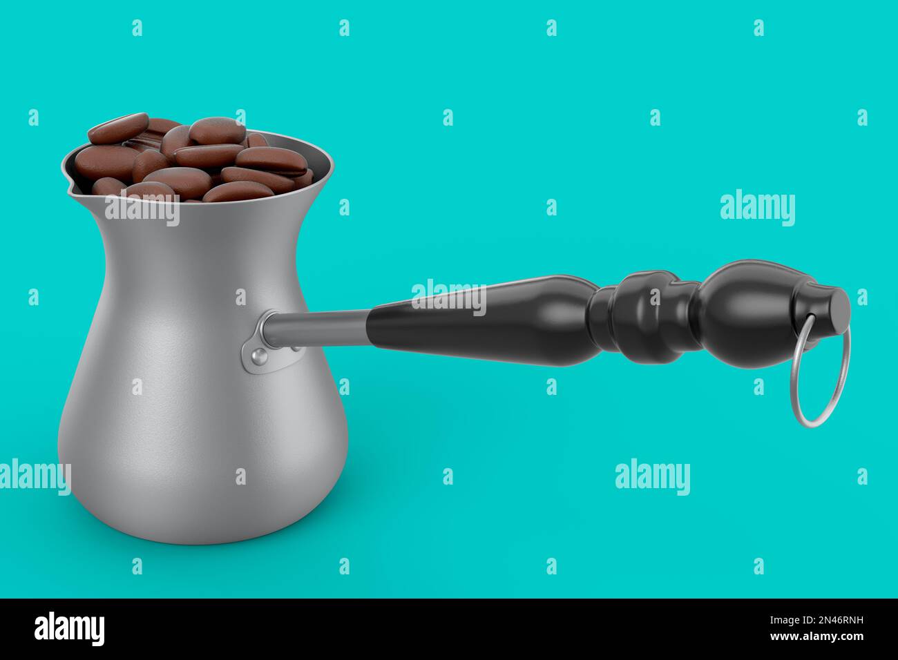 Turkish coffee cooked in sand or maker cezve with coffee bean on green ...