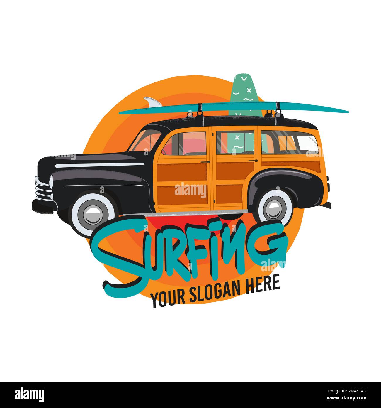 Summer sufing badge design with surf car and surfboard. Travel logo ...
