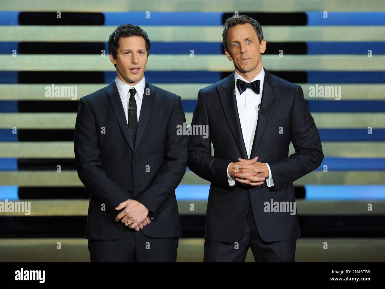 Andy Samberg, left, and Seth Meyers speak on stage at the 66th ...