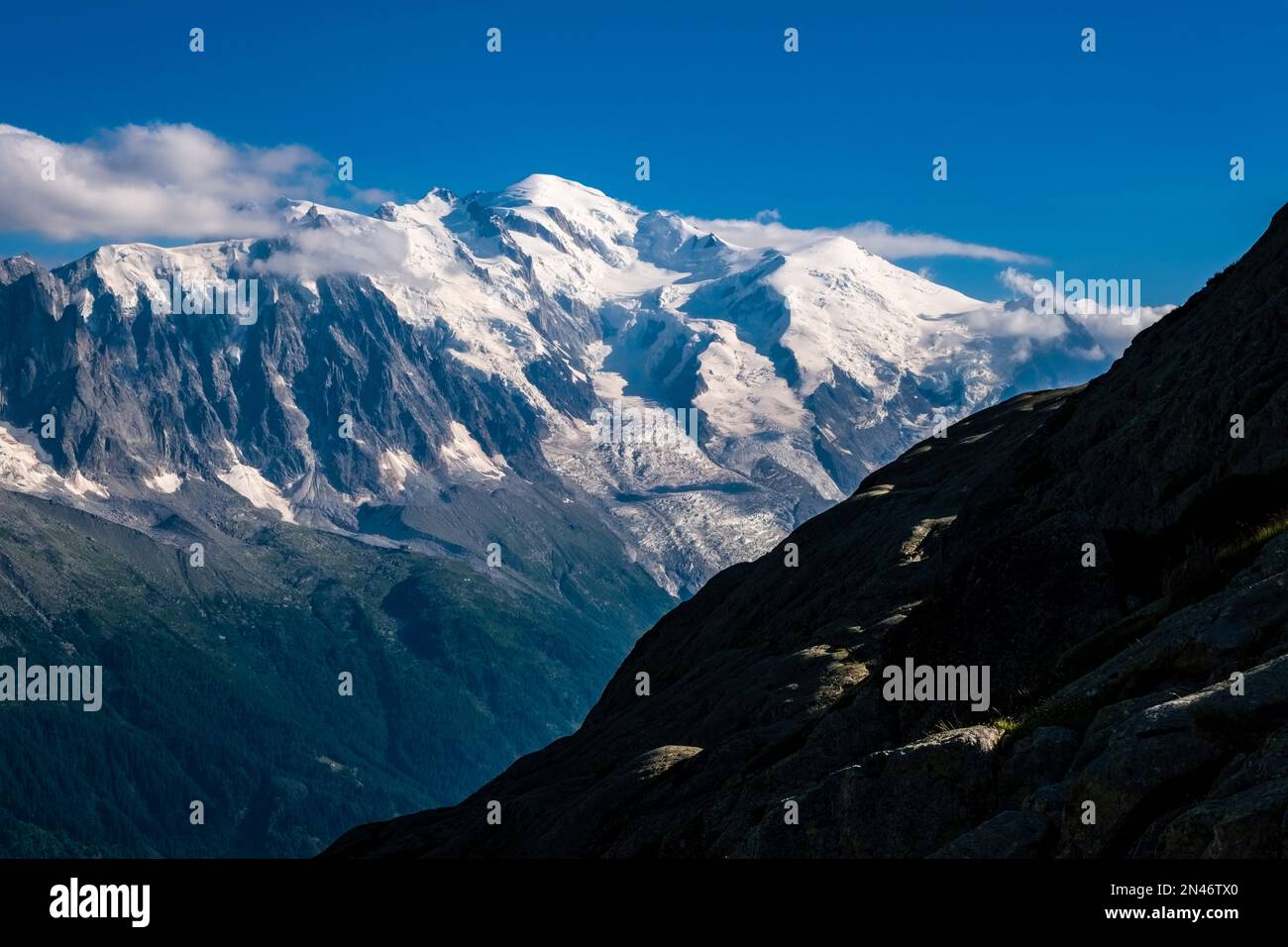 The summits of Aiguille du Midi, Mont Blanc du Tacul, Mont Maudit, Mont Blanc and Dome du ...