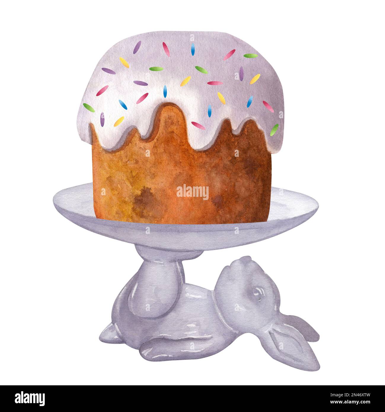 Easter cake in white icing. Colored candied fruit. Ceramic stand of a ...