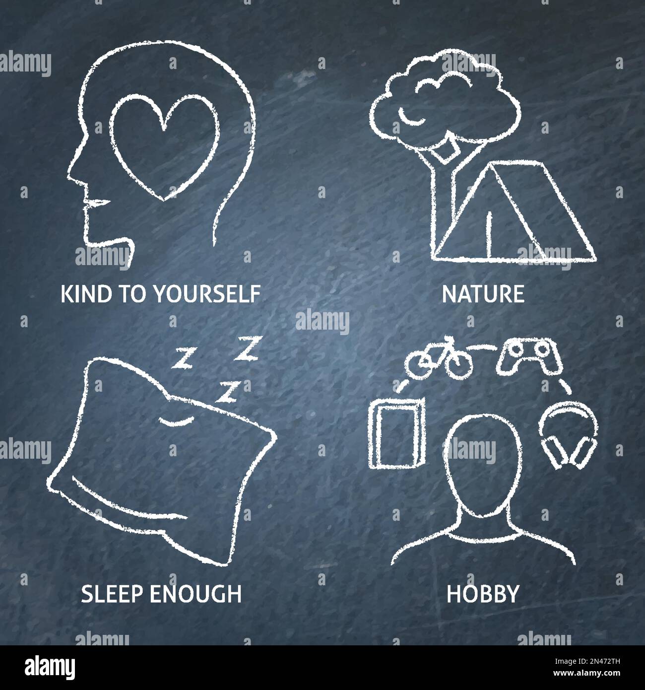 Stress relief ways icon set on chalkboard. Keeping good mental health ...