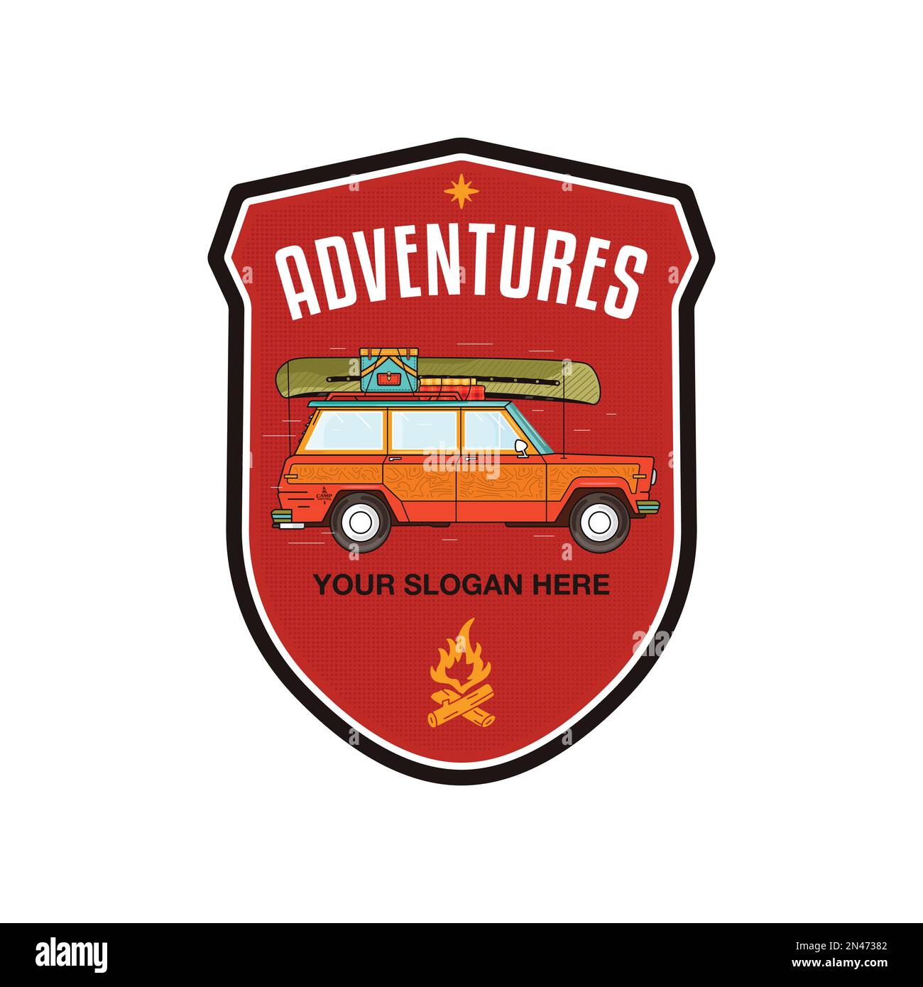 Camping Adventure badge design with camper car, canoe, campfire and ...