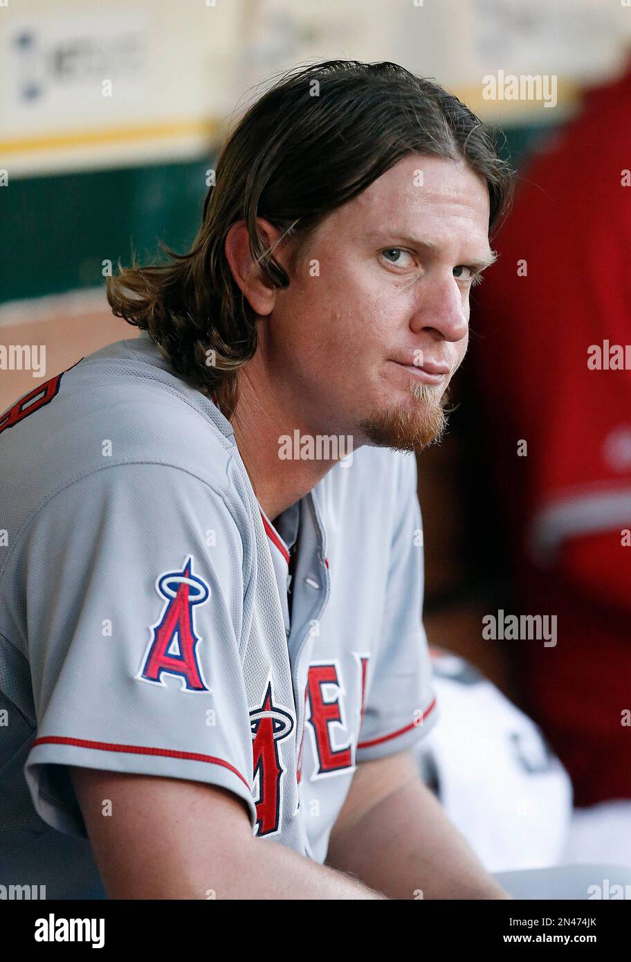 Los Angeles Angels pitcher Jered Weaver, reacts after he was taken out ...