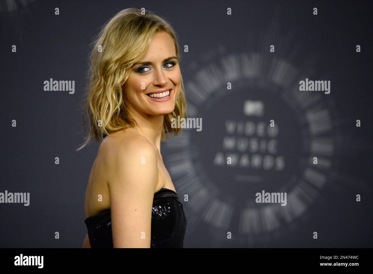 Taylor Schilling poses in the press room at the MTV Video Music Awards ...
