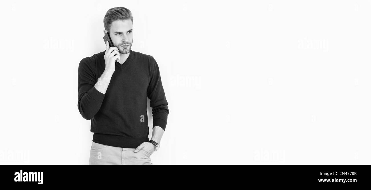 Hello. Handsome man talk on phone. Mobile technology. Phone ...