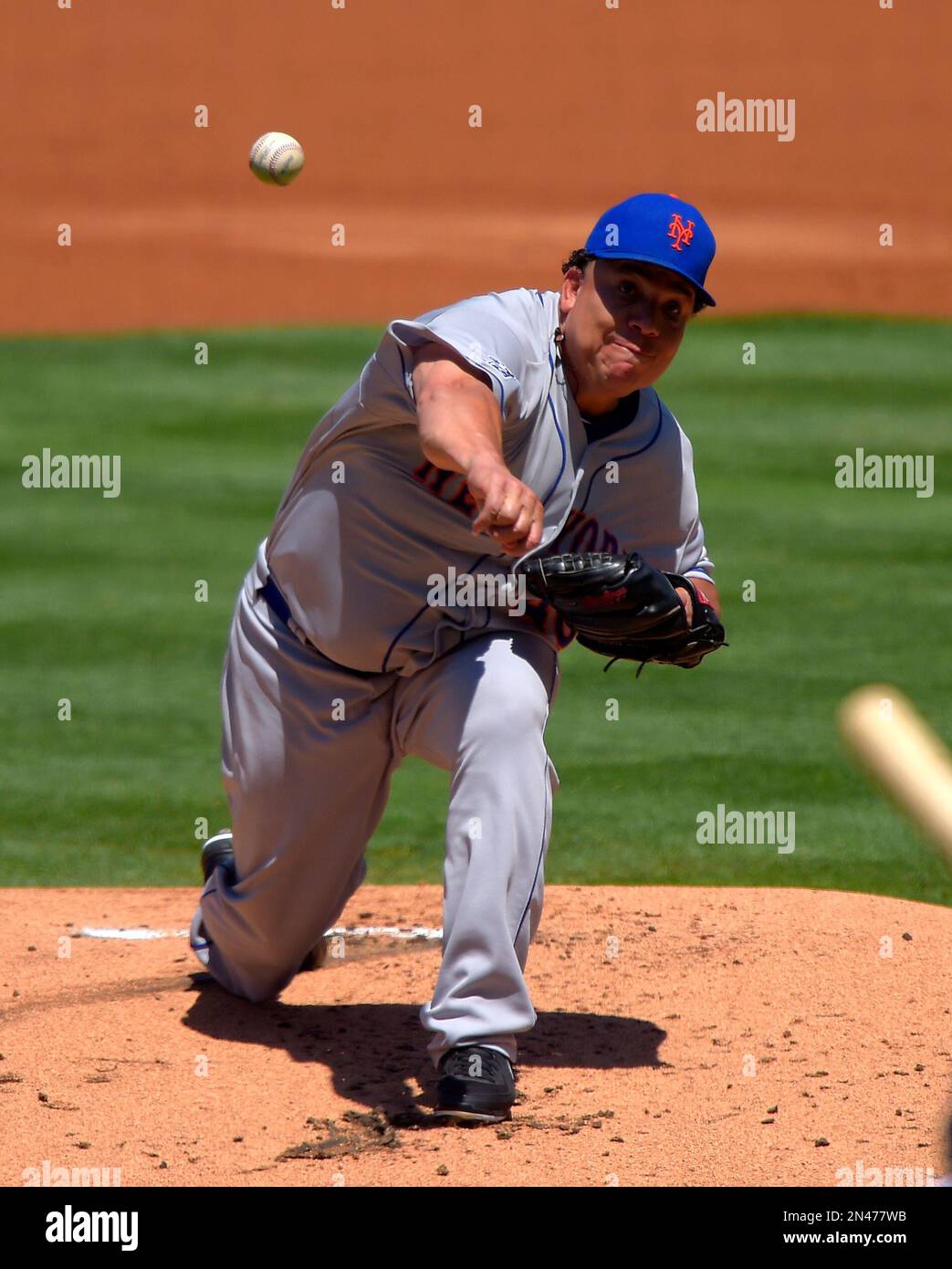 New York Mets starting pitcher Bartolo Colon throws to the plate during ...