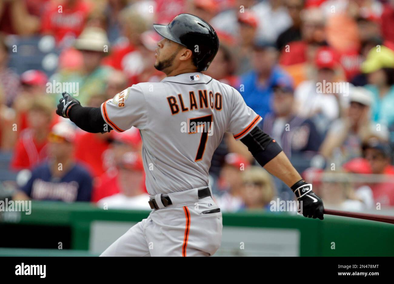 San Francisco Giants’ Gregor Blanco follows through on a solo home run ...