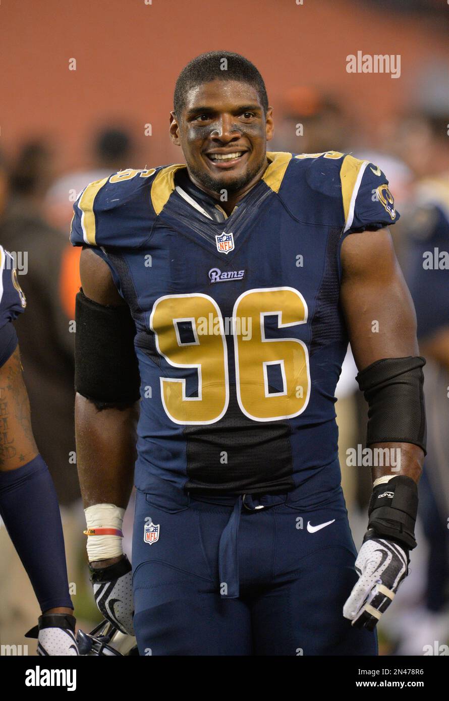 St. Louis Rams defensive end Michael Sam (96) walks on the field ...