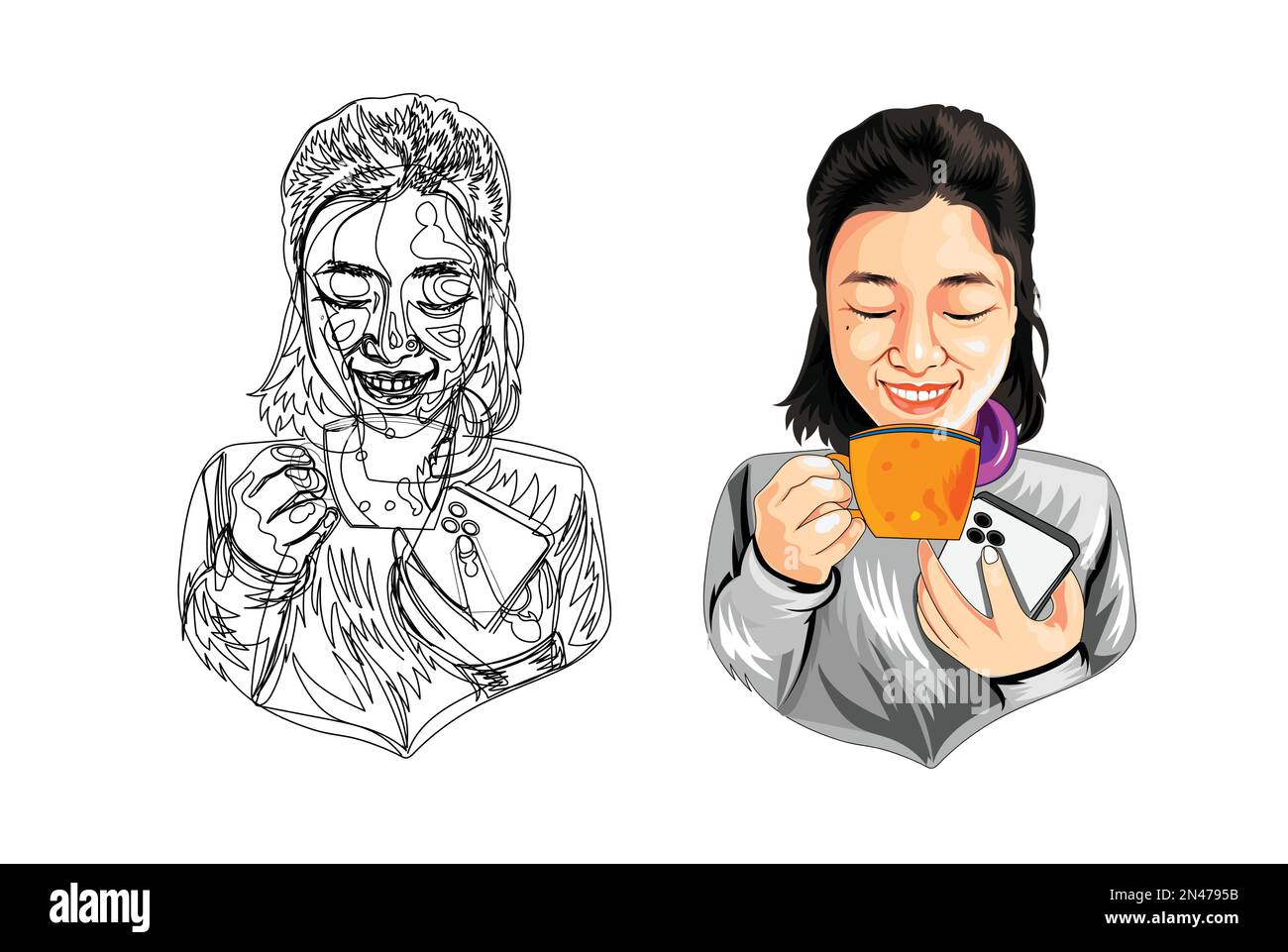 Chinese girl drinking tea vector illustration and line drawing Stock ...