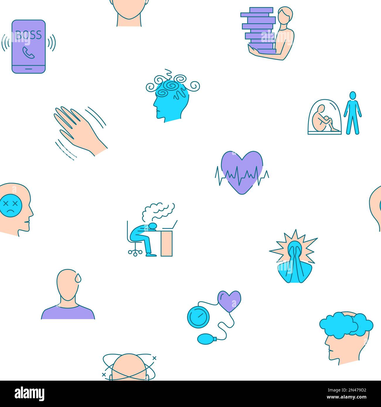 Seamless pattern with stress symptoms and causes in colored line style ...