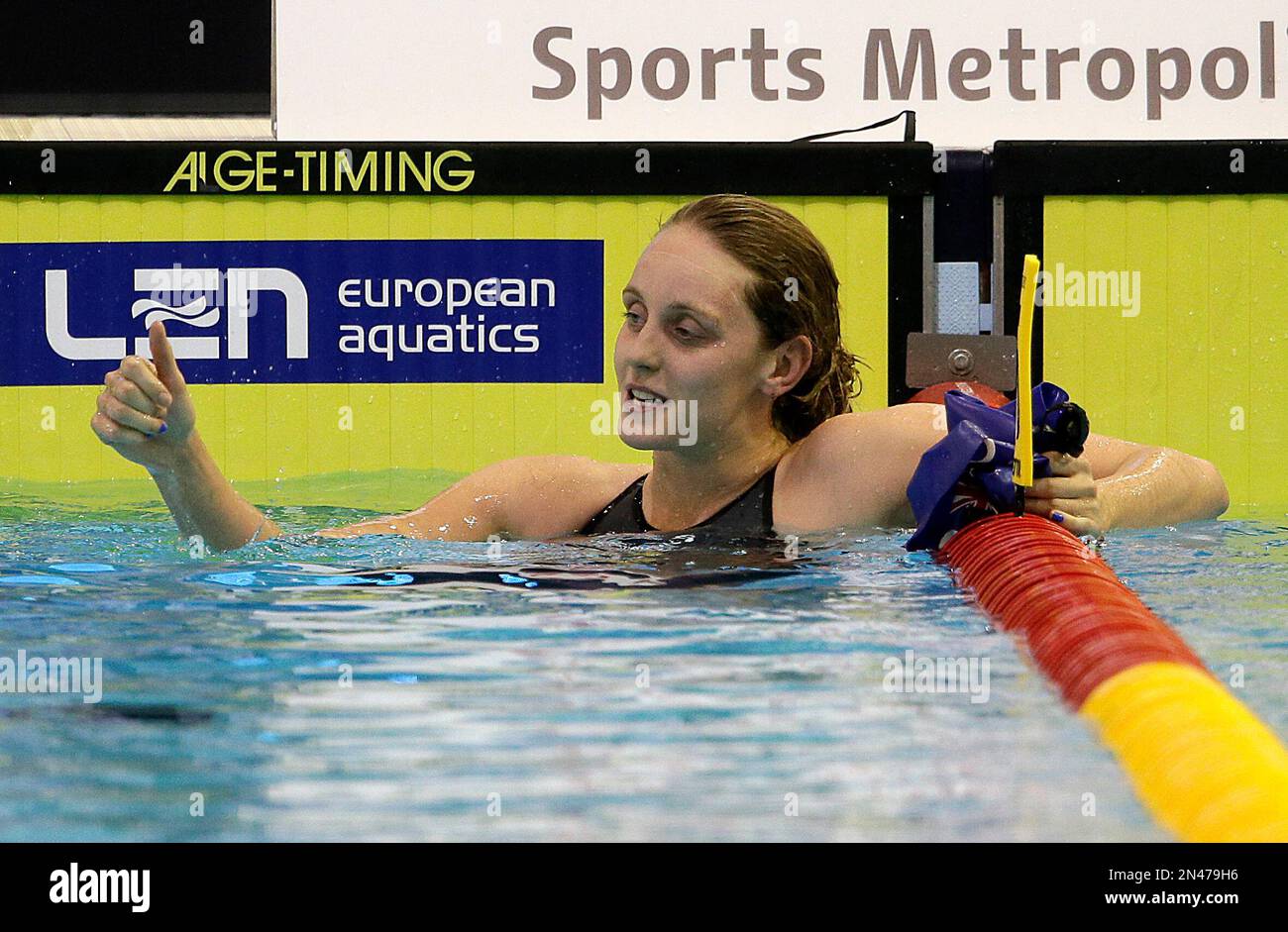 Britain's Francesca Halsall shows thumb up after winning the women's ...