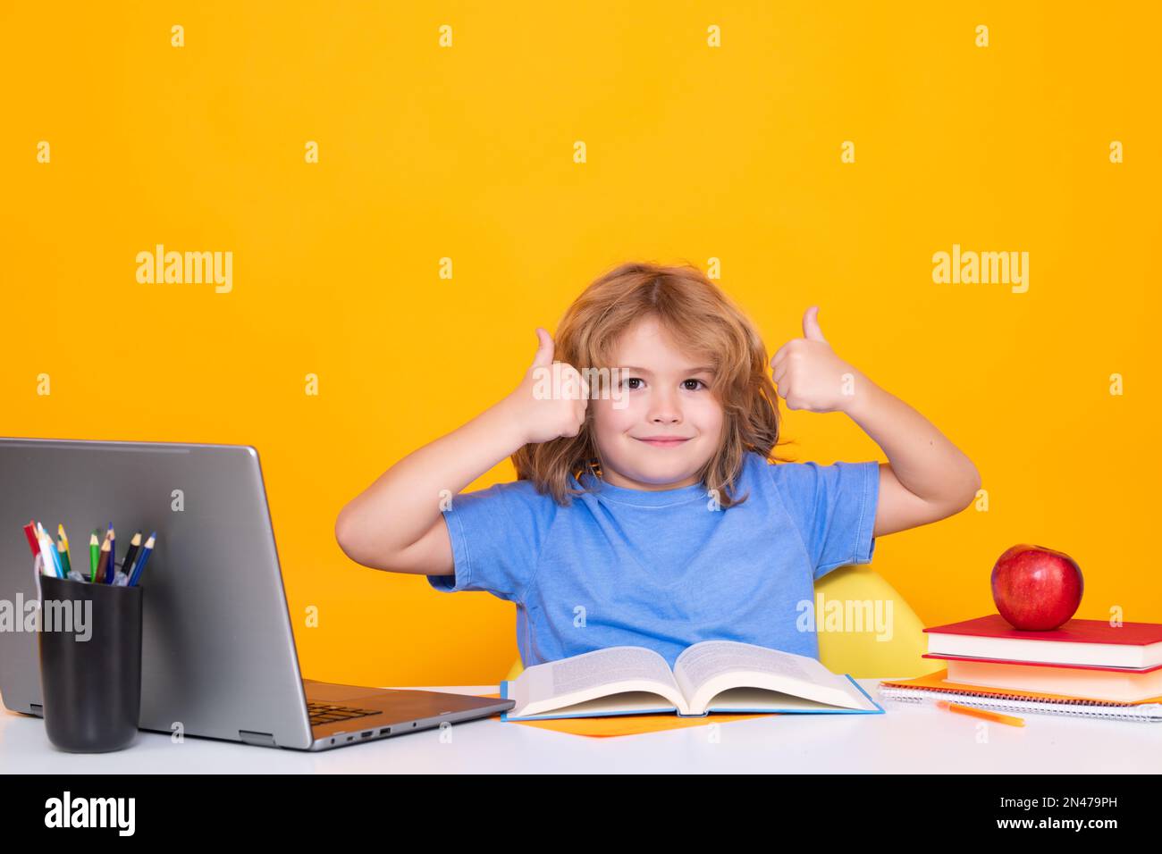 School child using laptop computer. Nerd pupil. Clever child from ...