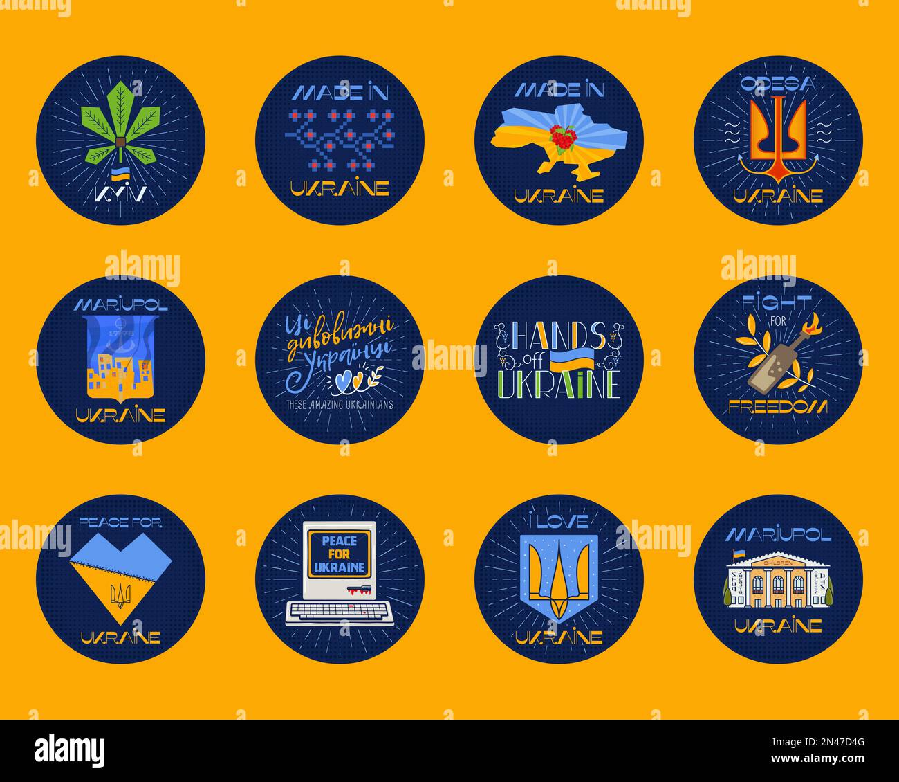 Made in Ukraine badges design with different elements and sayings ...