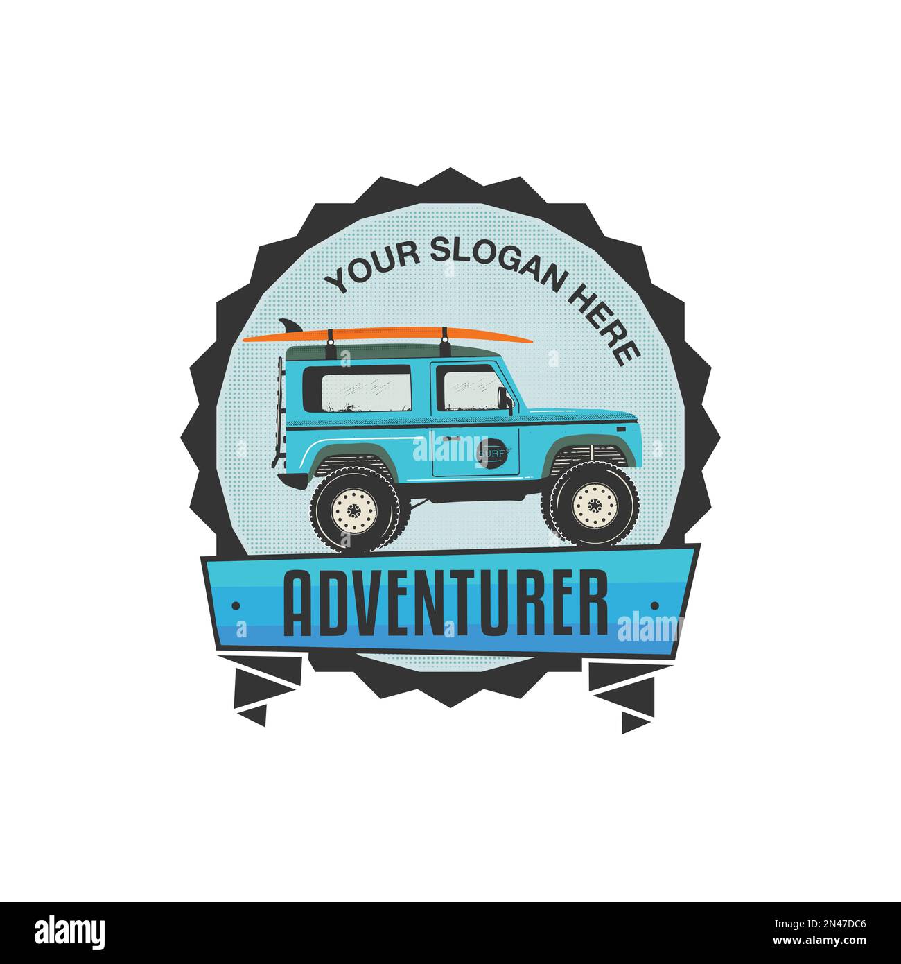 Summer surfing badge design with surf car and surfboard. Travel logo ...