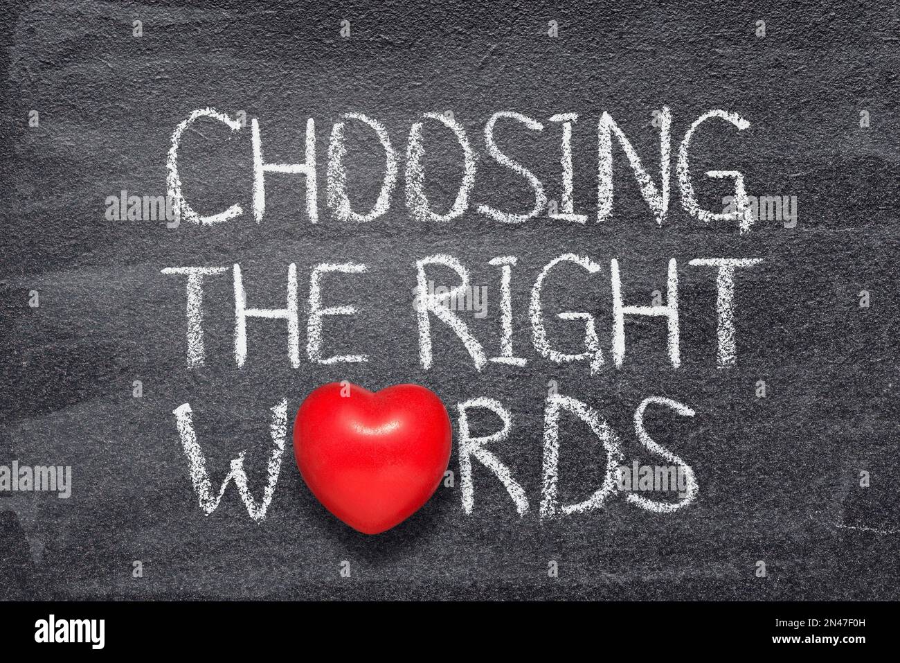 choosing right words phrase written on chalkboard with red heart symbol ...
