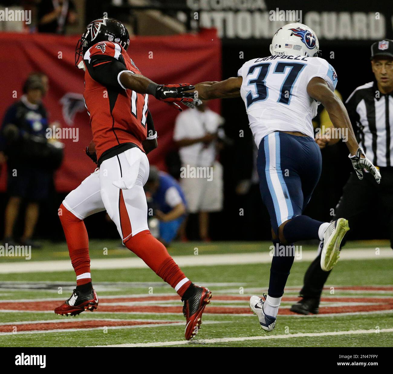 Atlanta Falcons wide receiver Devin Hester (17) runs into the end zone ...