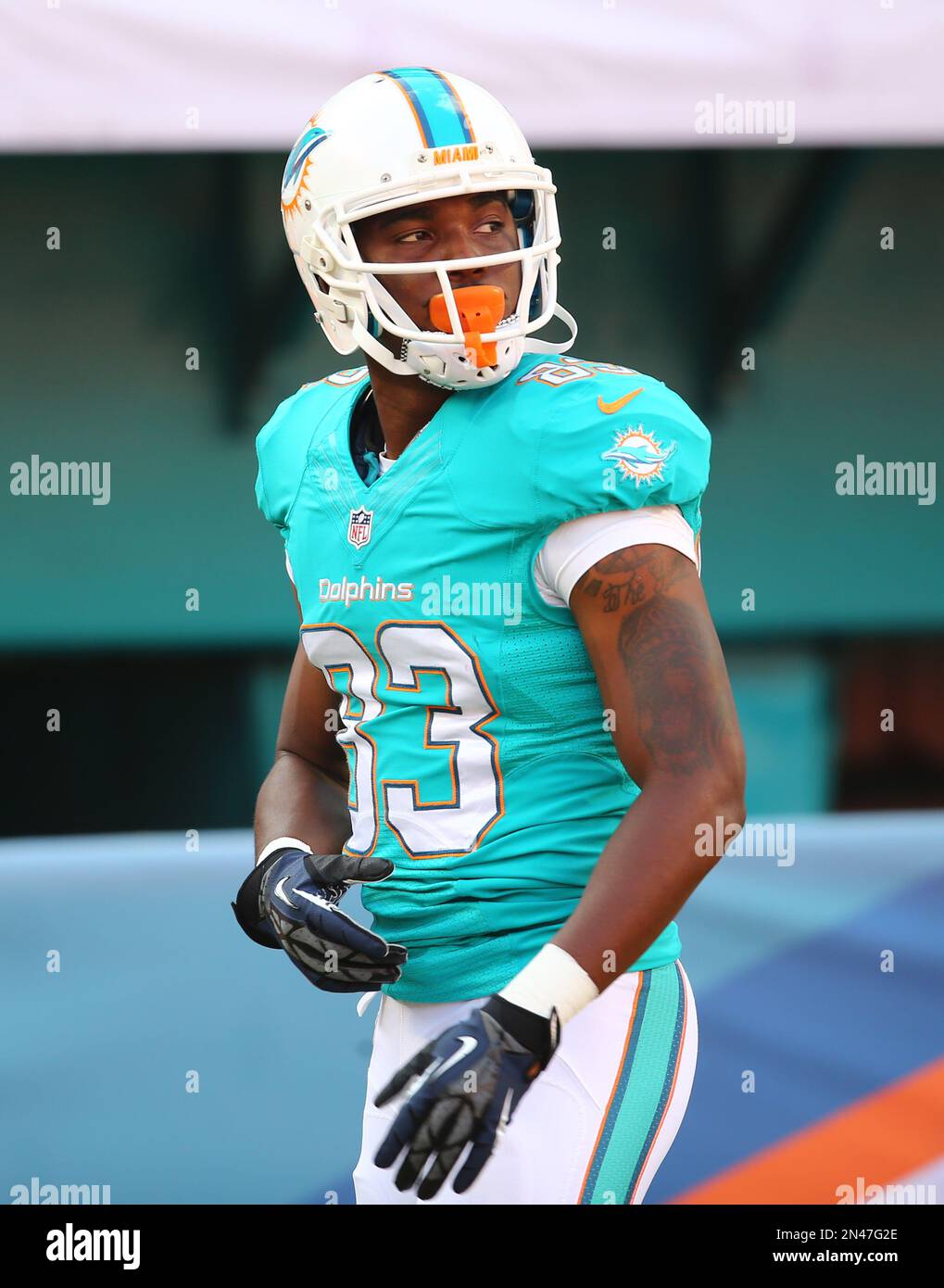 Miami Dolphins wide receiver Matt Hazel (83) warms up before an NFL ...