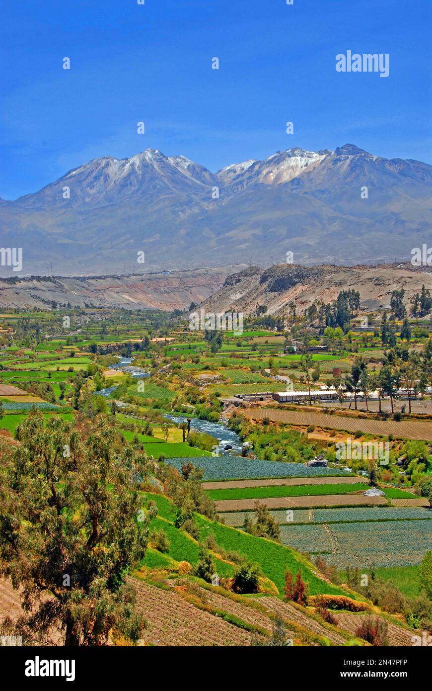 Chili river valley and Misty volcano Areqipa Peru Stock Photo - Alamy