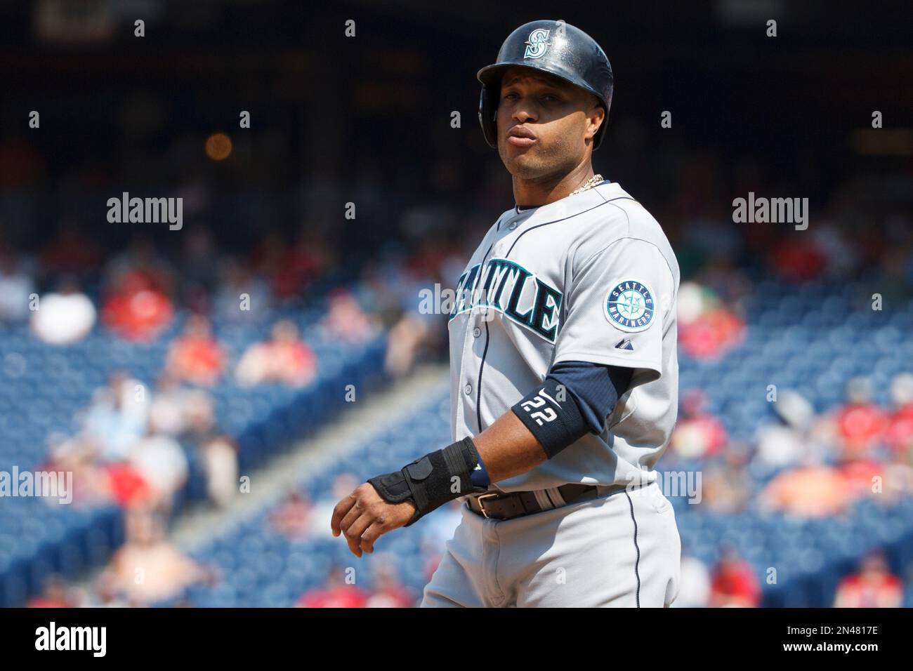 Seattle Mariners' Robinson Cano looks on during the fifth inning of a ...