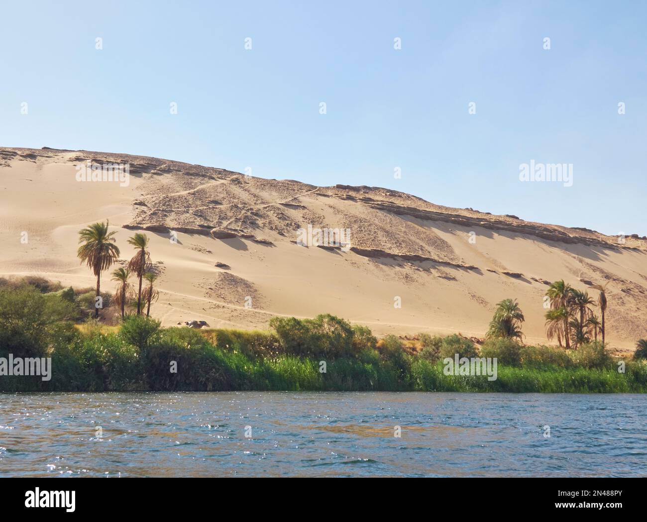 A beautiful nature scene with a Nile river in the desert surrounded by ...