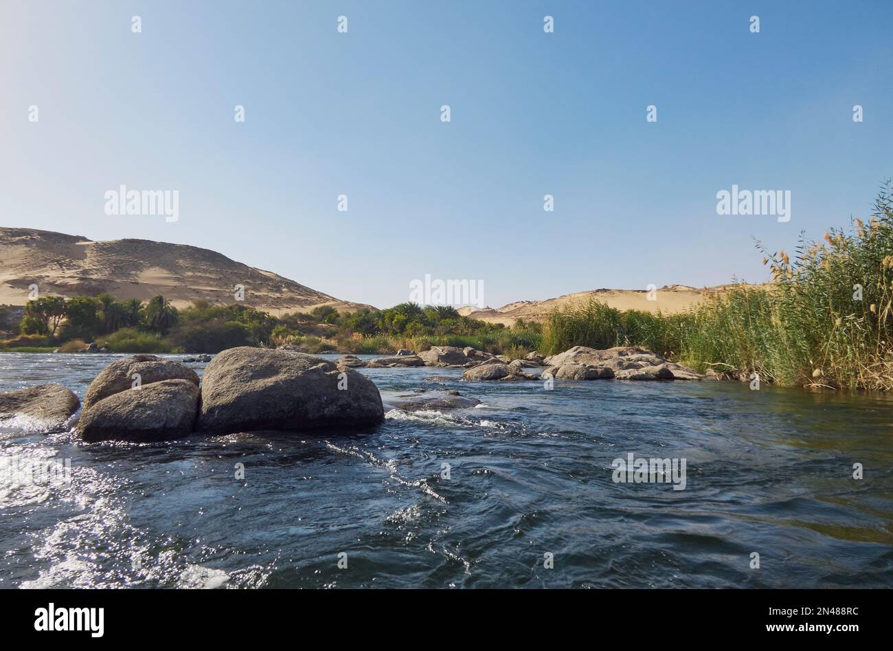 A beautiful nature scene with a Nile river in the desert surrounded by ...